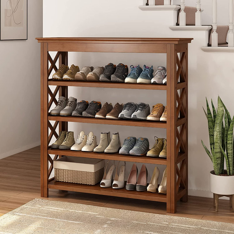 Gracie Oaks Shoe Rack 5 Tier Entryway Bamboo Shelf Organizer Storage With Large Table Surface For Entryway Living Room Closet 39.4 L Brown Wayfair